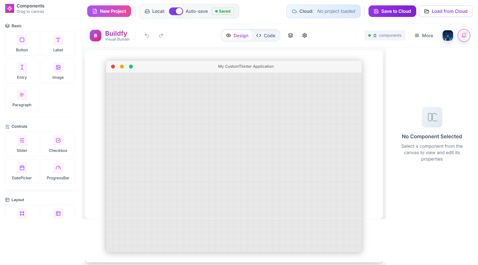 Buildfy Web - Visual Python GUI Builder | No-Code CustomTkinter Designer
